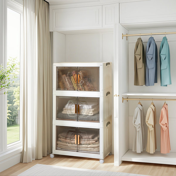 Rebrilliant 3 Pack Stackable Storage Bins Folding Organizer Boxes Collapsible Closet With Doors ...